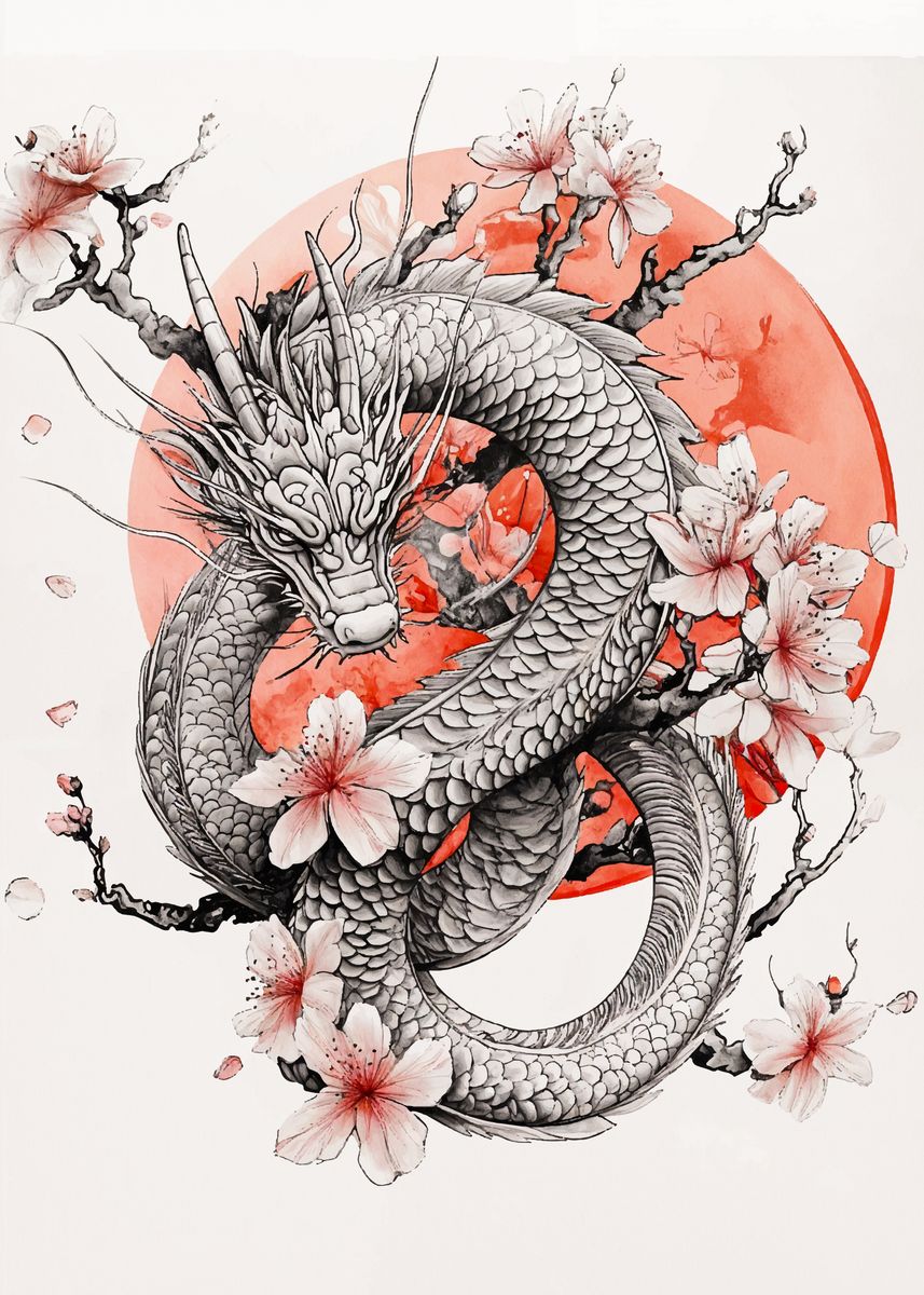 'Dragon and Cherry Blossoms' Poster, picture, metal print, paint by ...
