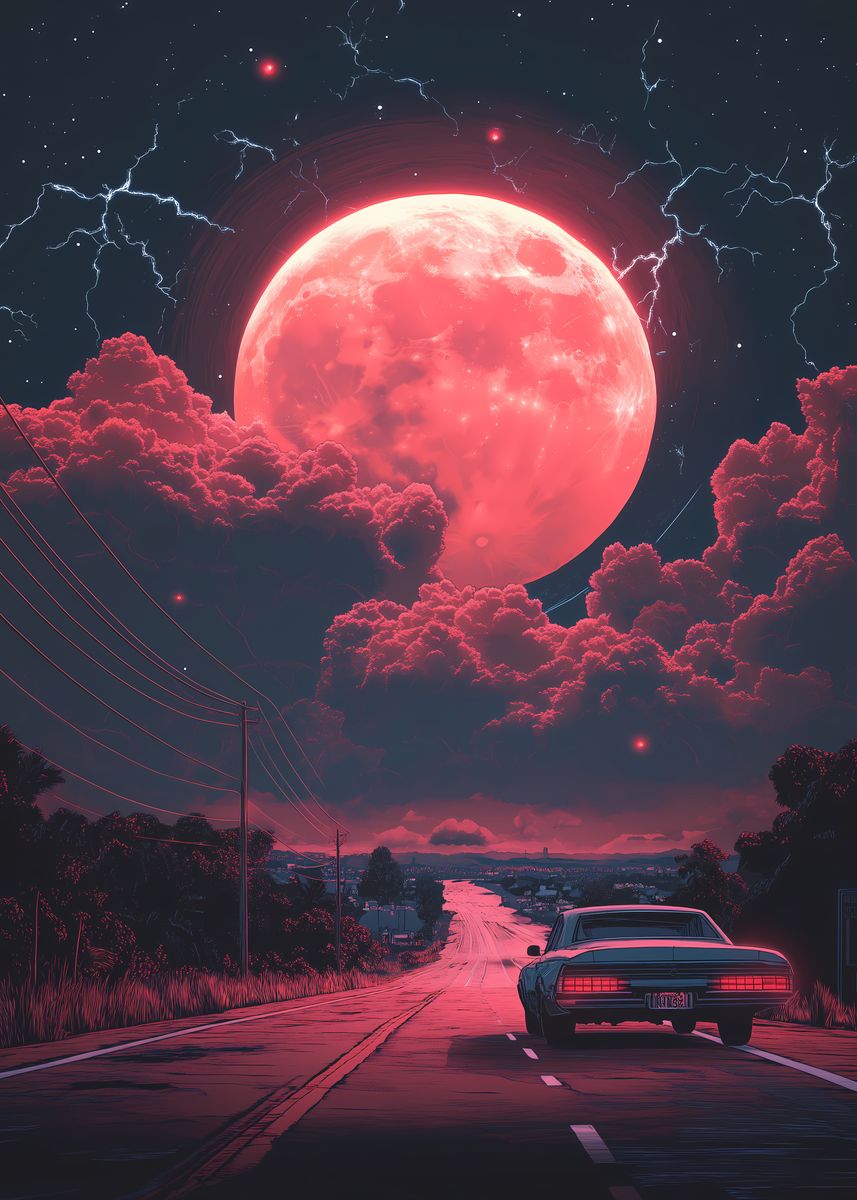 'Red Moon Road Trip' Poster, picture, metal print, paint by Colaba Art ...