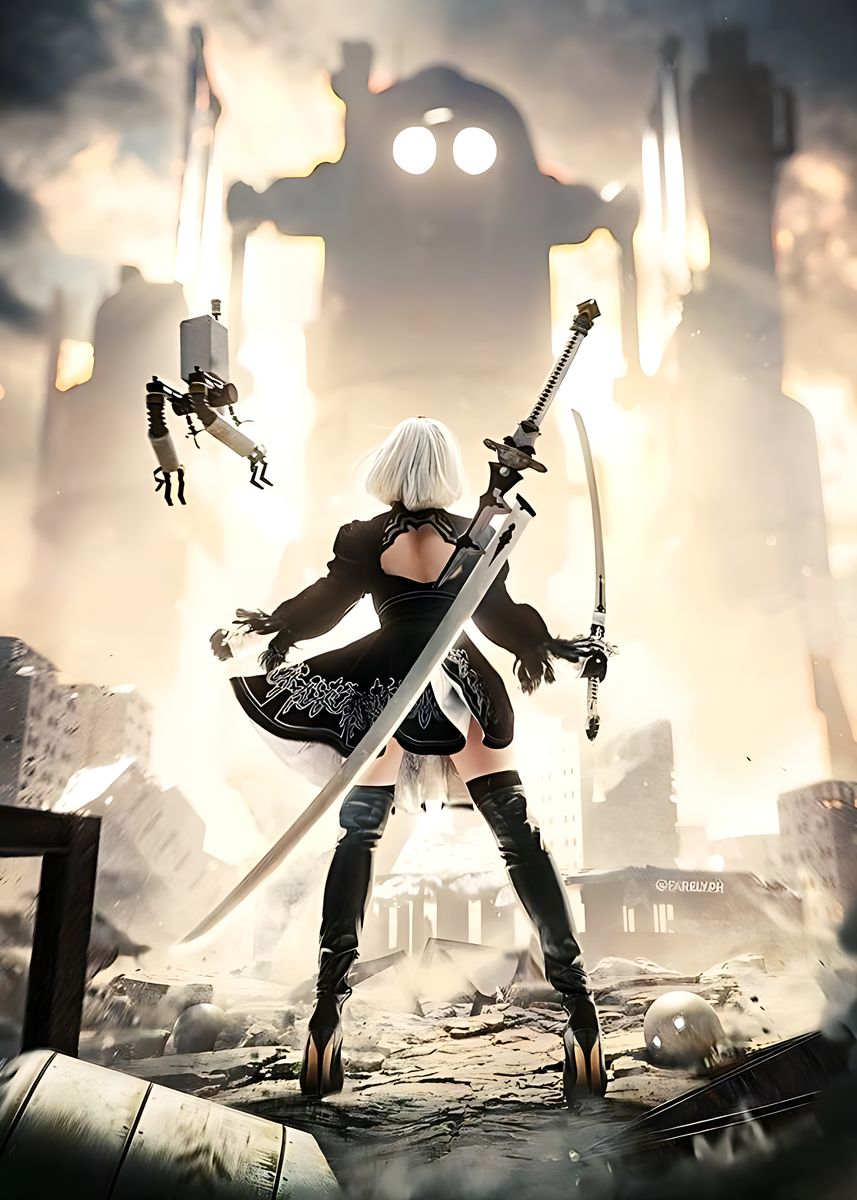 '2B Cosplay with Giant Robot' Poster, picture, metal print, paint by ...