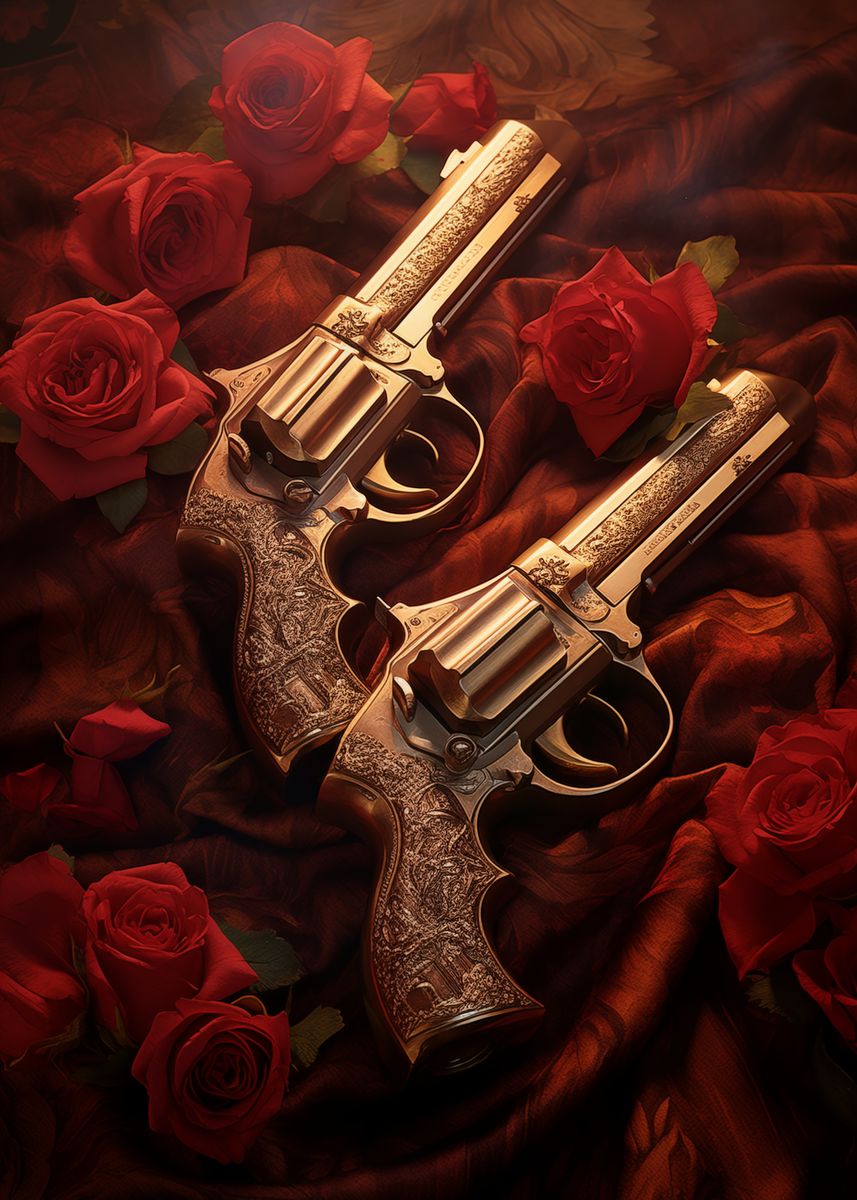 'Ornate Revolvers and Roses' Poster, picture, metal print, paint by ...
