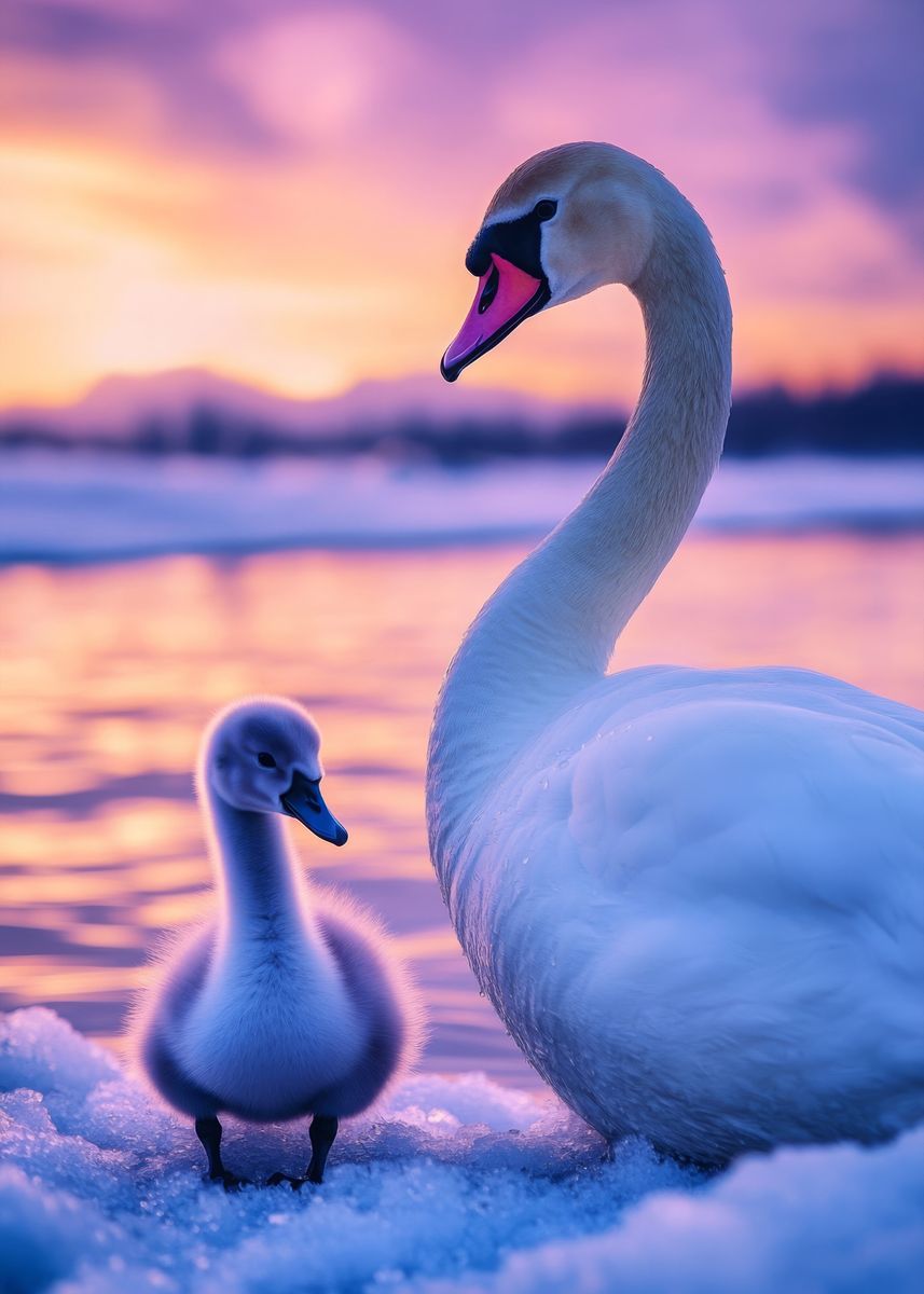 'Swan and Cygnet at Sunset' Poster, picture, metal print, paint by ...