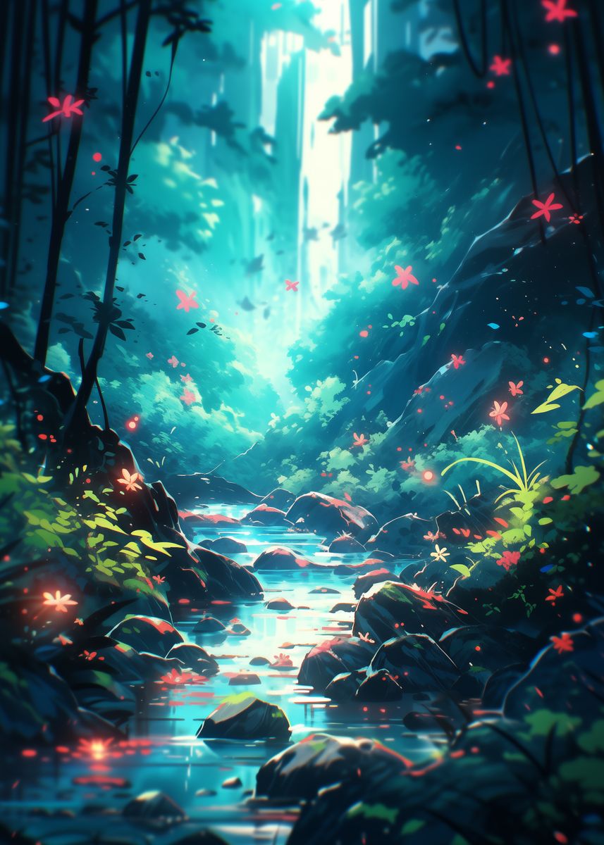 'Enchanted Forest Stream' Poster, picture, metal print, paint by Kinksa ...