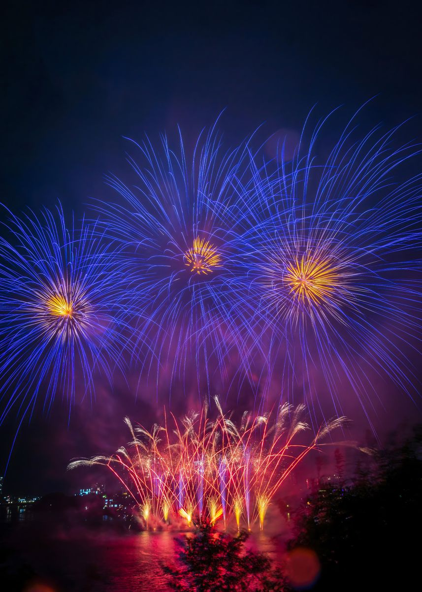'Fireworks Display Over Water' Poster, picture, metal print, paint by ...
