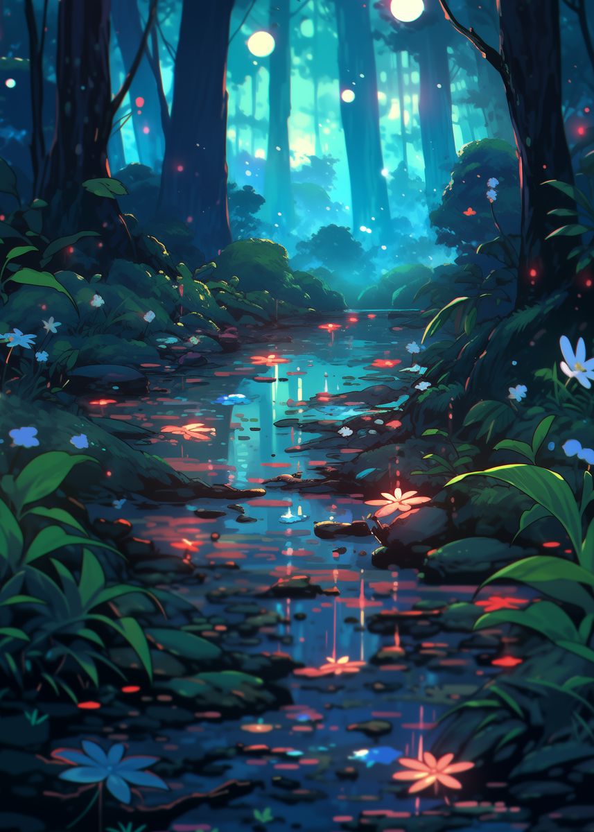 'Enchanted Forest Stream' Poster, picture, metal print, paint by Kinksa ...