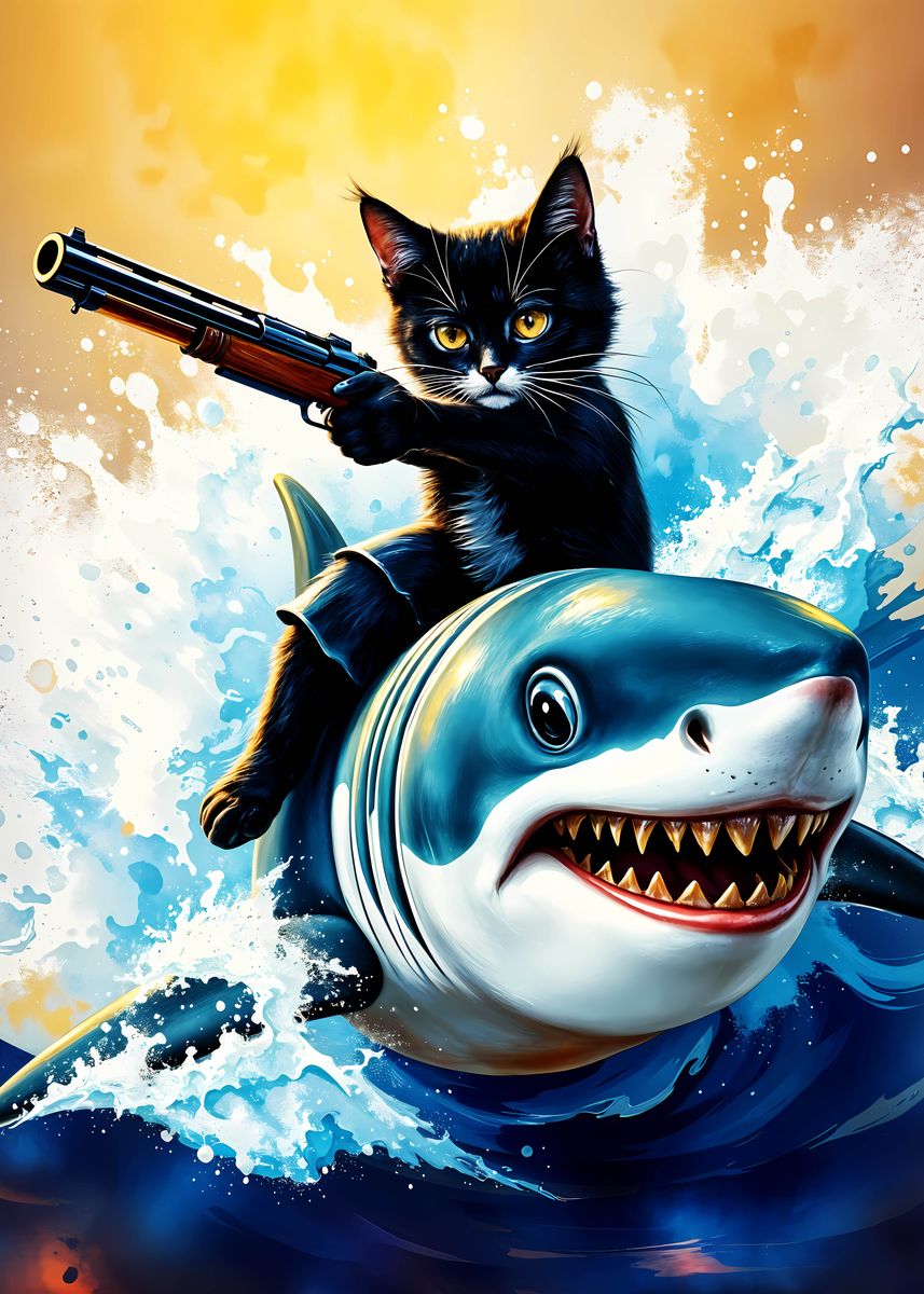 'Cat Riding Shark' Poster, picture, metal print, paint by Greatest of ...
