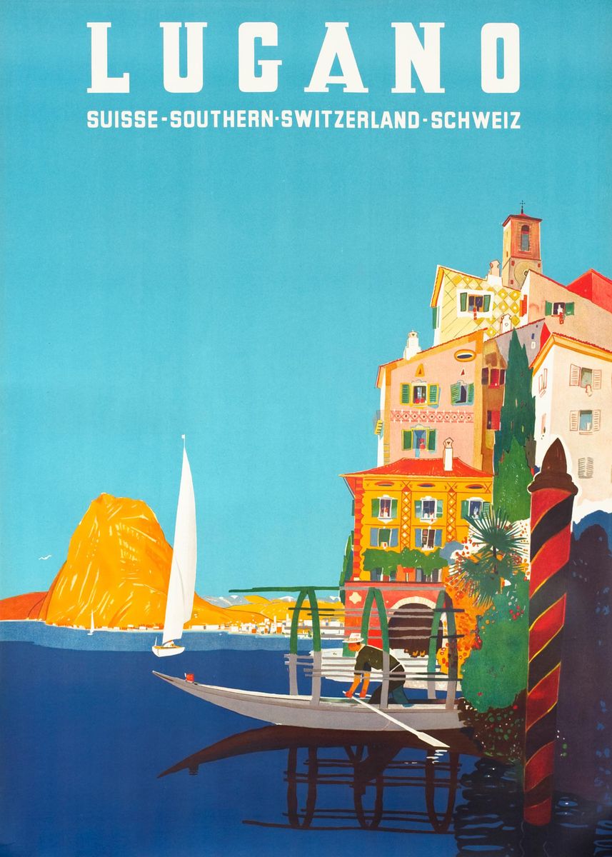 'Lugano Travel Poster' Poster, picture, metal print, paint by Sam Kal | Displate
