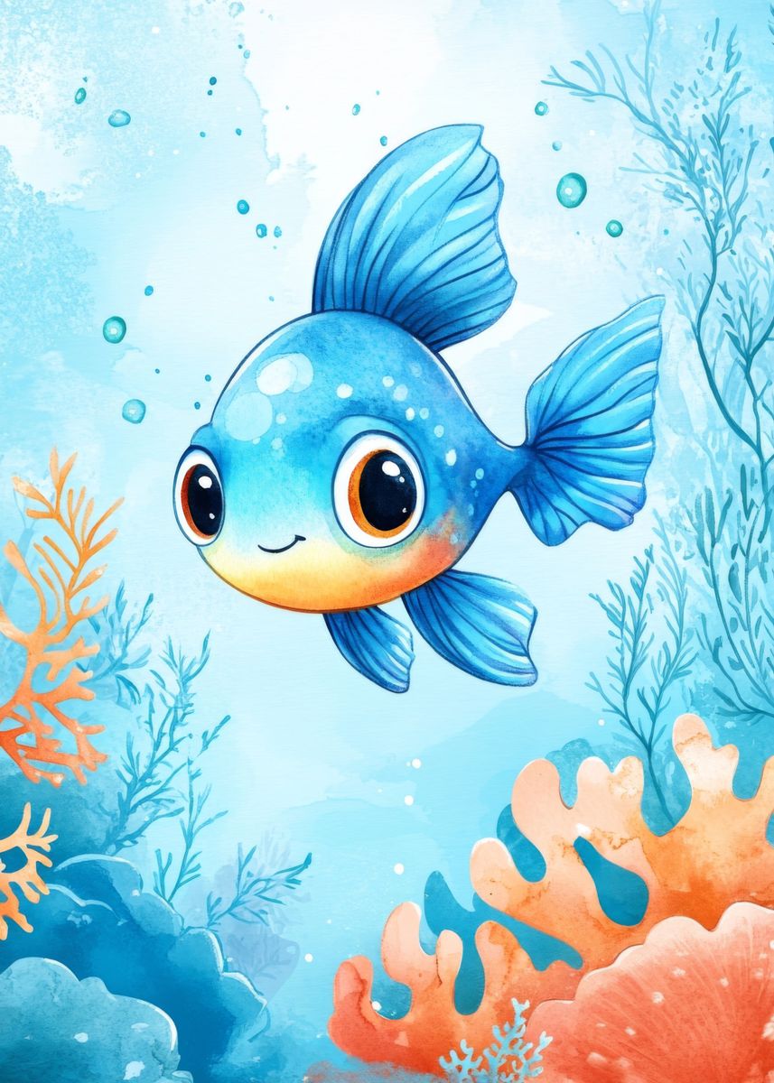 'Cute Blue Fish Watercolor' Poster, picture, metal print, paint by ...