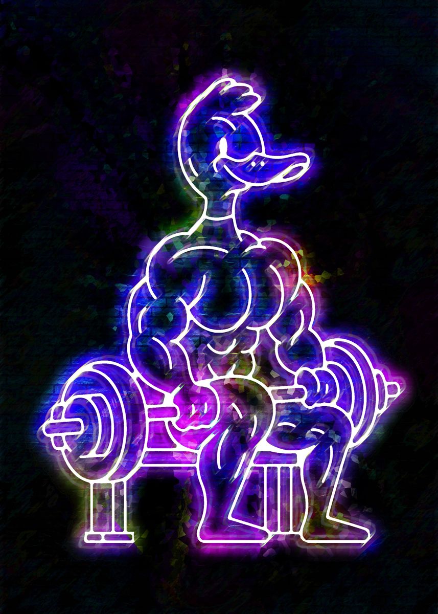 'Neon Duck Weightlifting' Poster, picture, metal print, paint by Izmo Scribbles | Displate