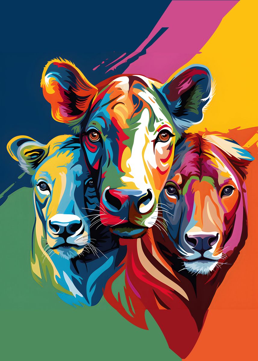 'Colorful Cow and Lion' Poster, picture, metal print, paint by Clinton ...