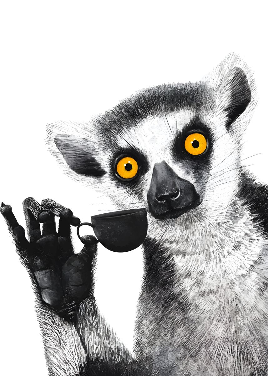 'Lemur with Coffee Cup' Poster, picture, metal print, paint by Dream ...