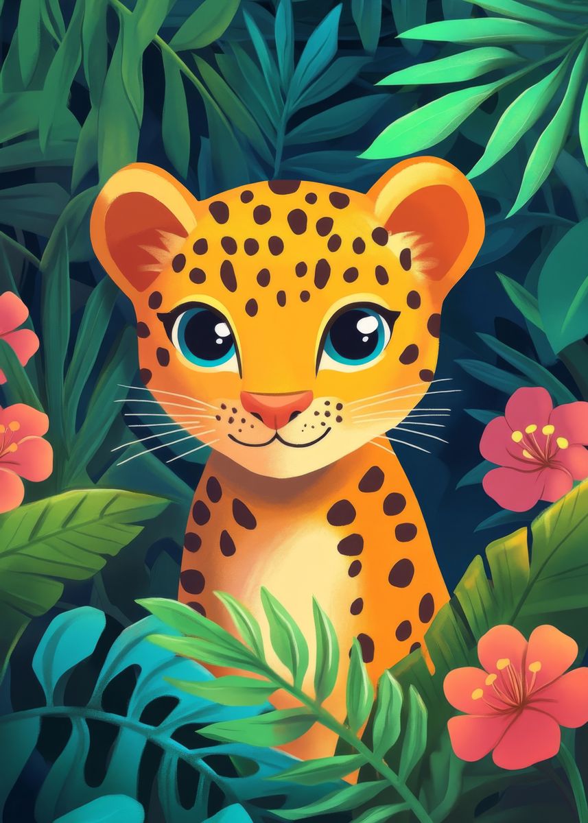 'Cute Leopard Cub in Jungle' Poster, picture, metal print, paint by ...