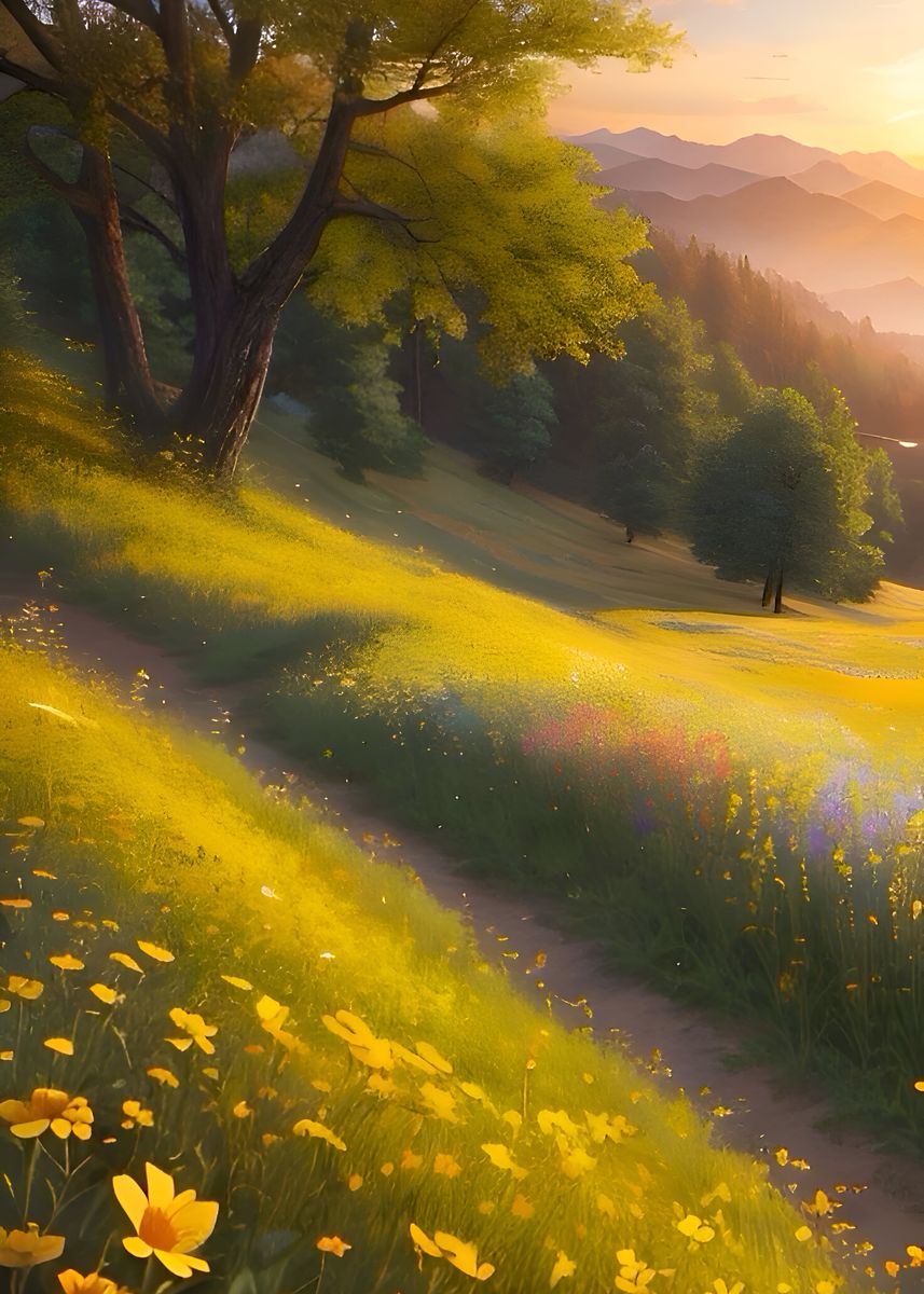 'Sunlit Meadow Path' Poster, picture, metal print, paint by DELUXE ...