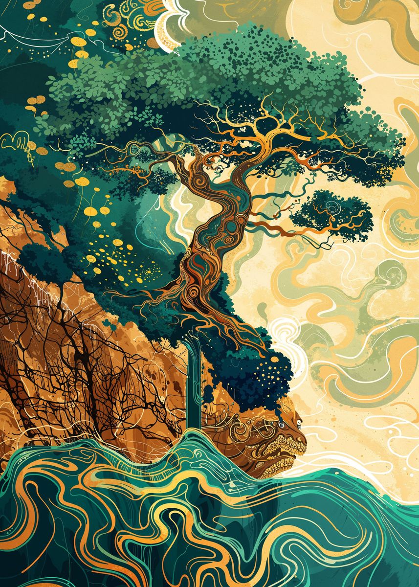 'Ancient Tree and Swirling Waters' Poster, picture, metal print, paint ...