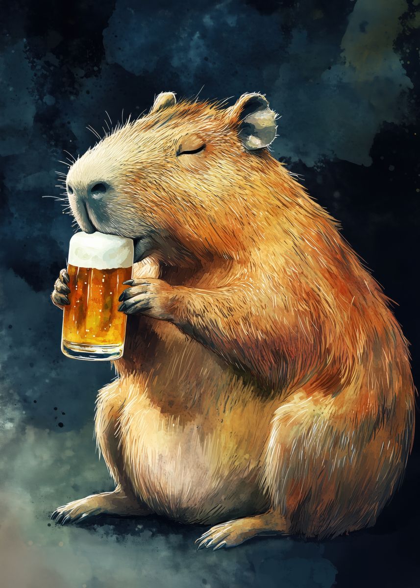 'Capybara Drinking Beer' Poster, picture, metal print, paint by Bendli ...