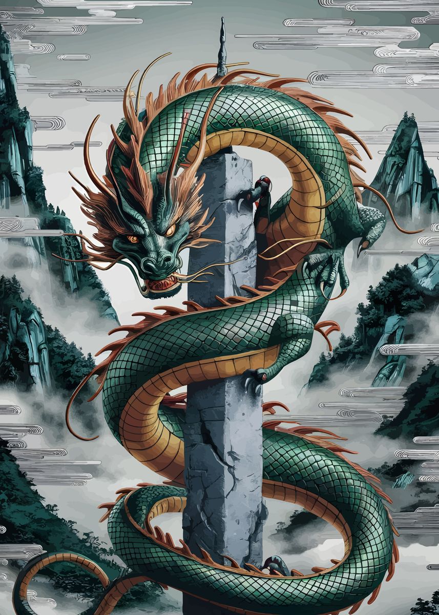 'Green Dragon on Pillar' Poster, picture, metal print, paint by Rabin ...