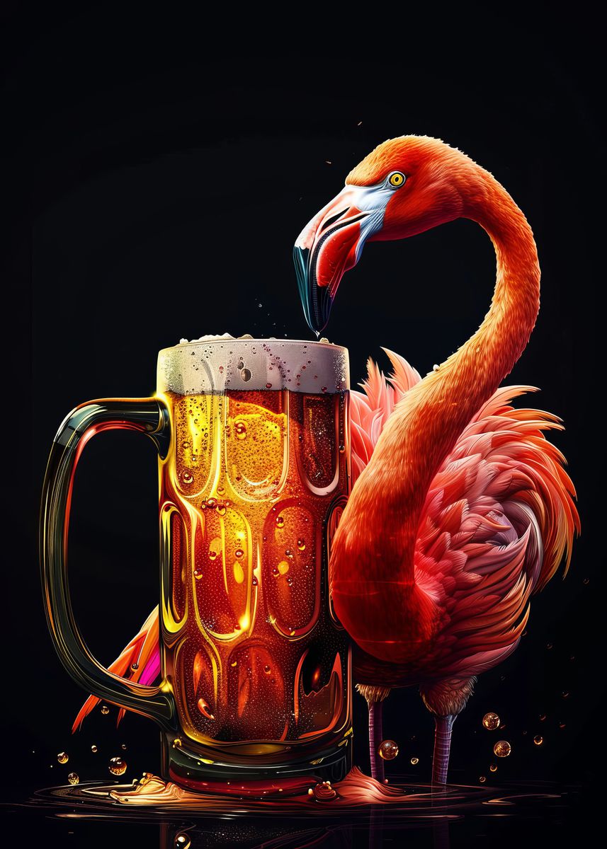 'Flamingo Beer' Poster, picture, metal print, paint by HexorFunny ...