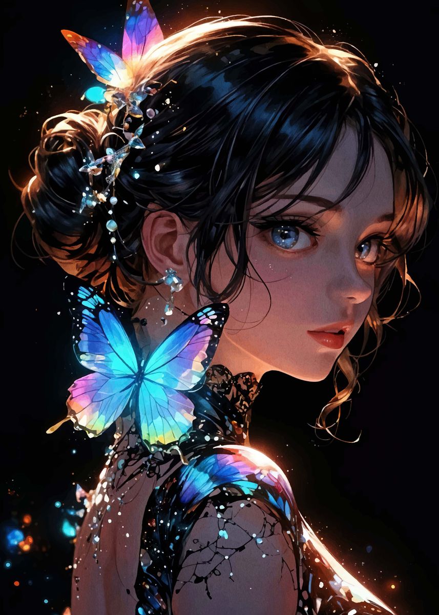 'Anime Girl with Butterflies' Poster, picture, metal print, paint by ...