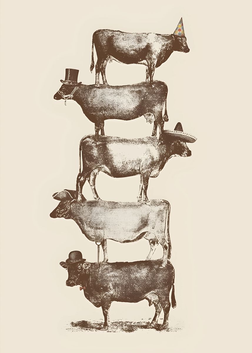 'Stack of Cows in Hats' Poster, picture, metal print, paint by Dream ...
