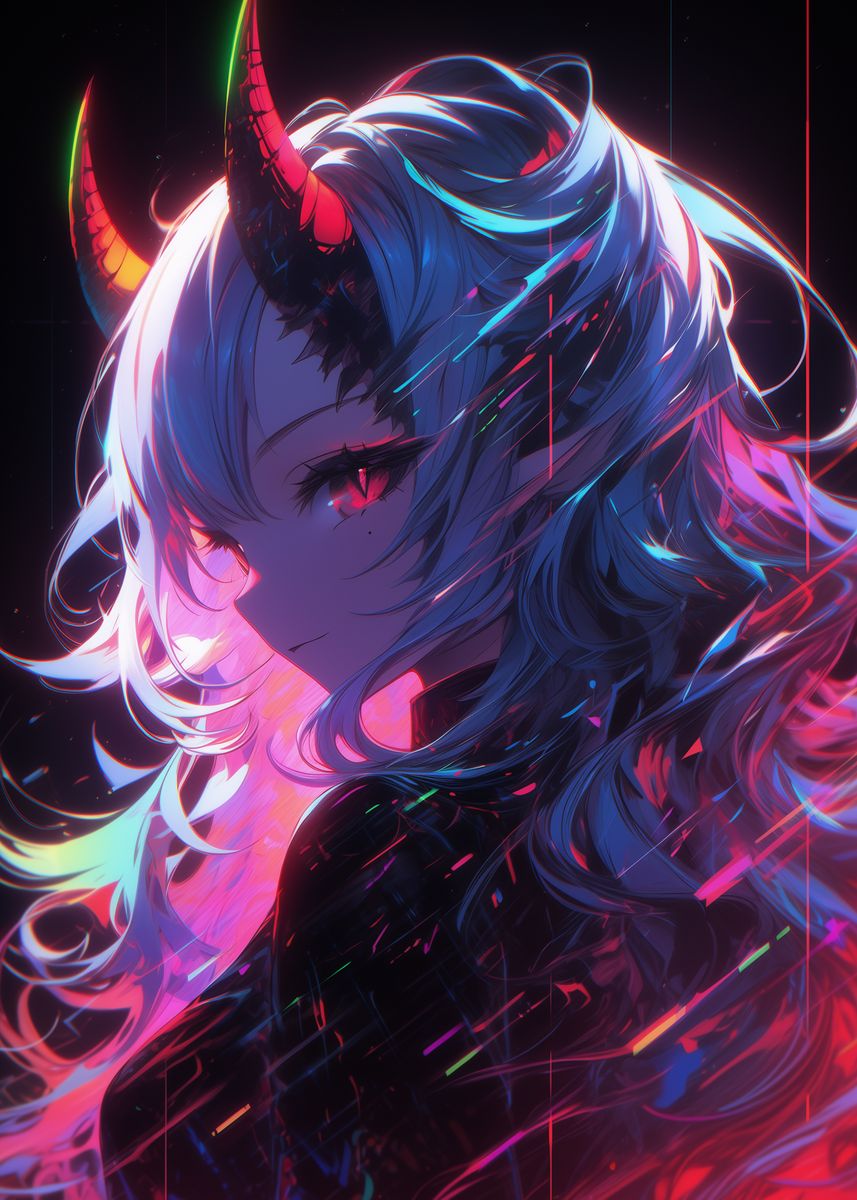'Anime Demon Girl with Neon Hair' Poster, picture, metal print, paint ...