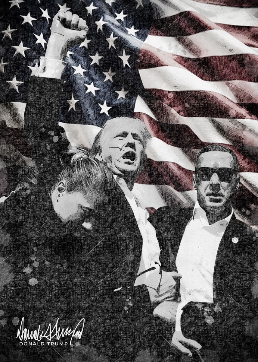 'Trump, American Flag, Sketch' Poster, picture, metal print, paint by ...