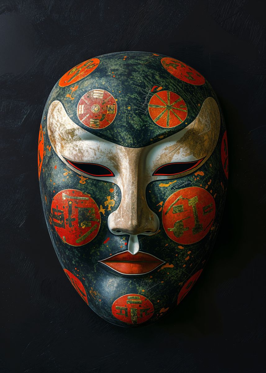'Japanese Mask with Symbols' Poster, picture, metal print, paint by SuperNova | Displate