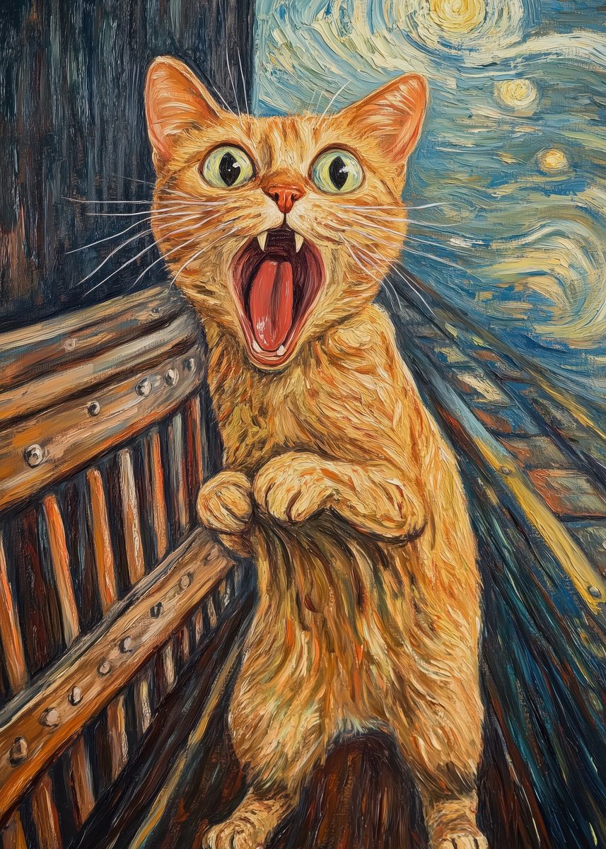 'Cat Scream Starry Night' Poster, picture, metal print, paint by ...