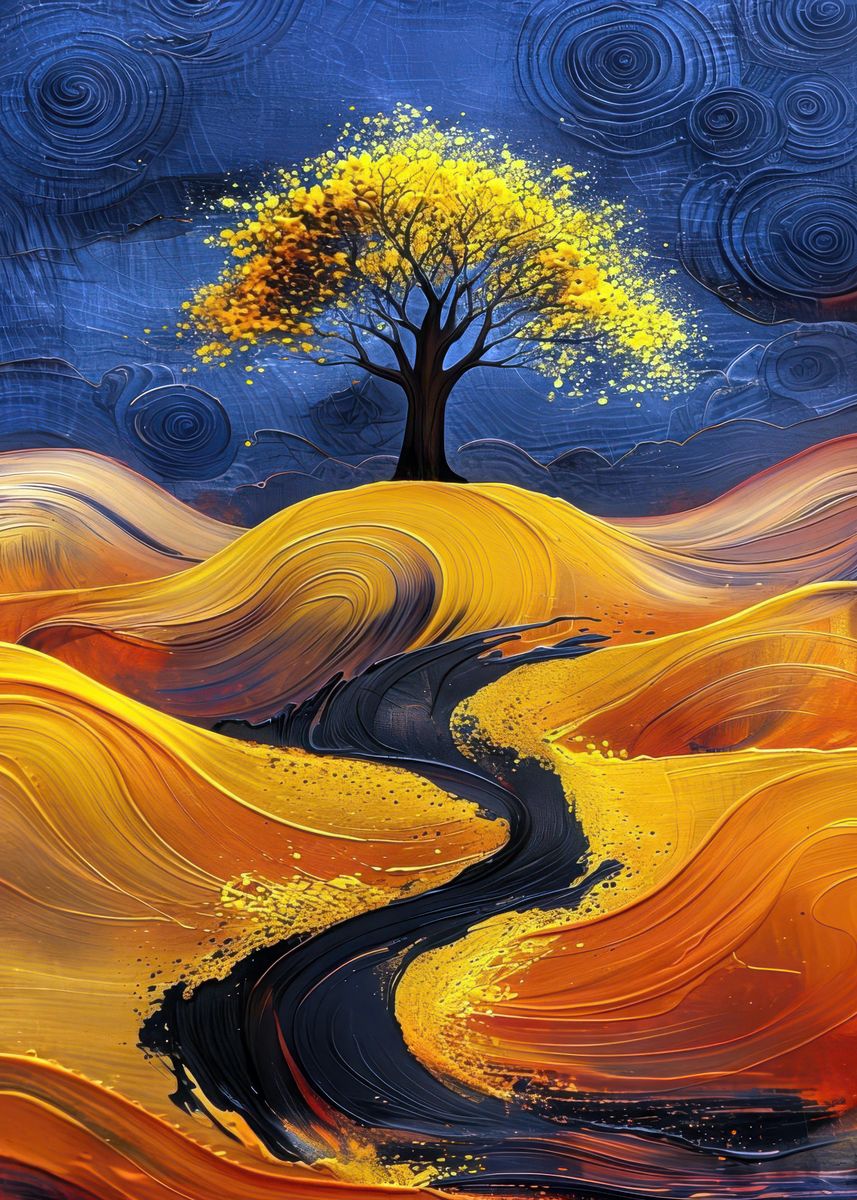 'Golden Tree at Lake Nature' Poster, picture, metal print, paint by Max ...