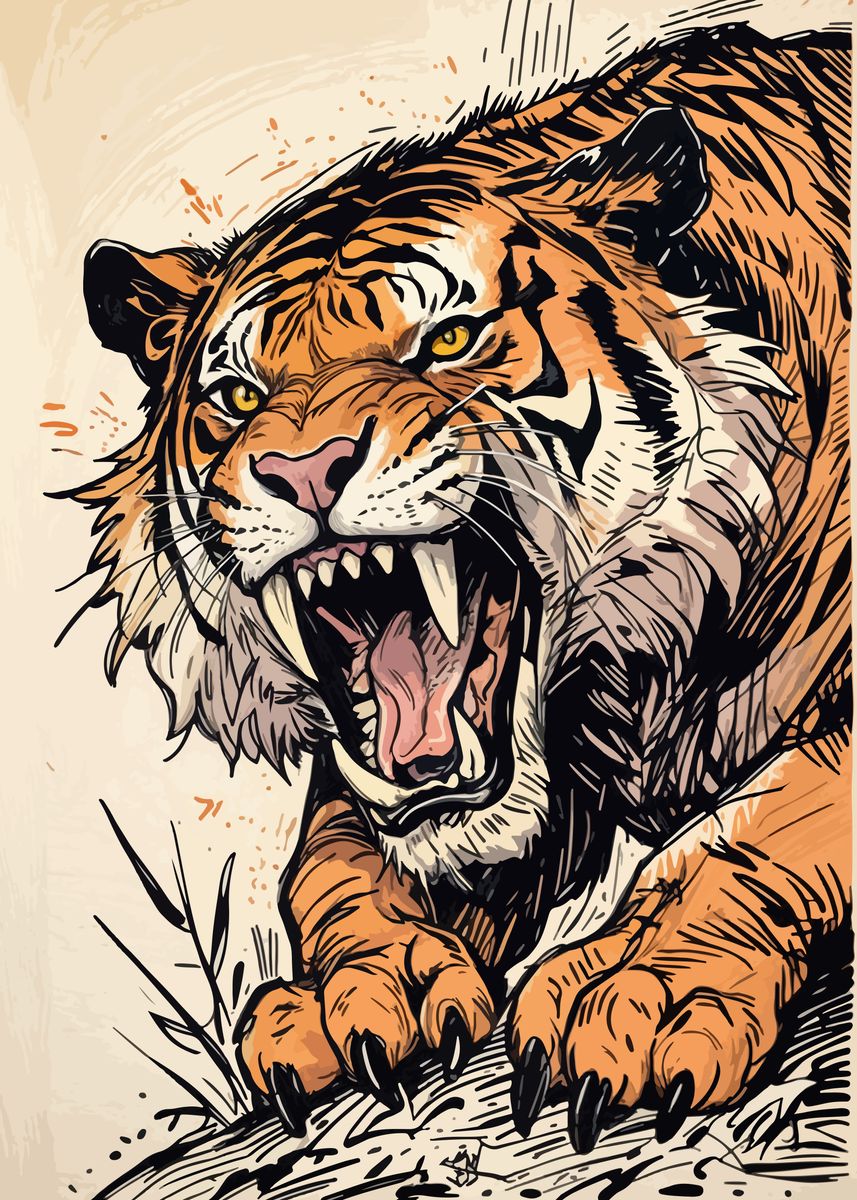 'Roaring Sabertooth Tiger Illustration' Poster, picture, metal print ...