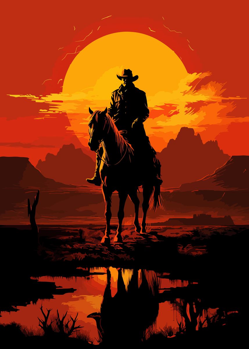 'Sunset Rider Red Dead' Poster, picture, metal print, paint by Buto ...