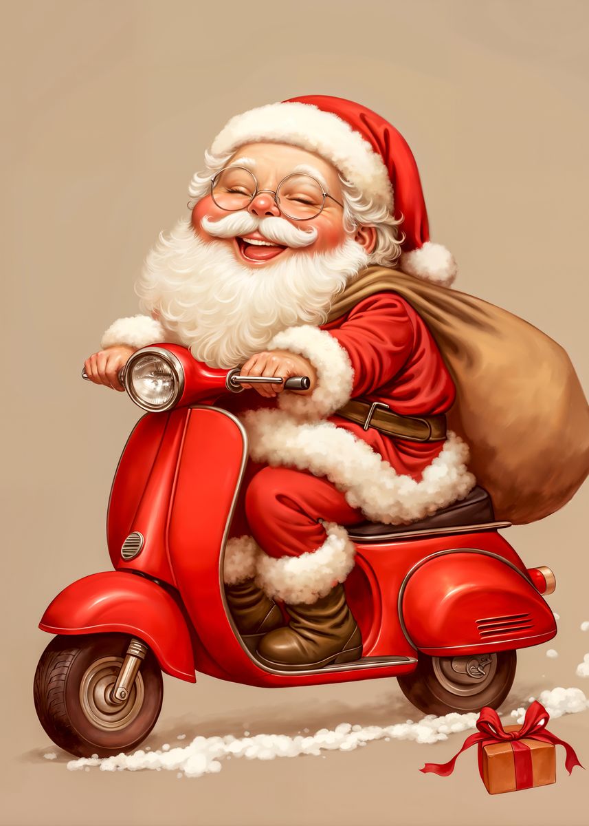 'Santa Claus on Scooter' Poster, picture, metal print, paint by ...