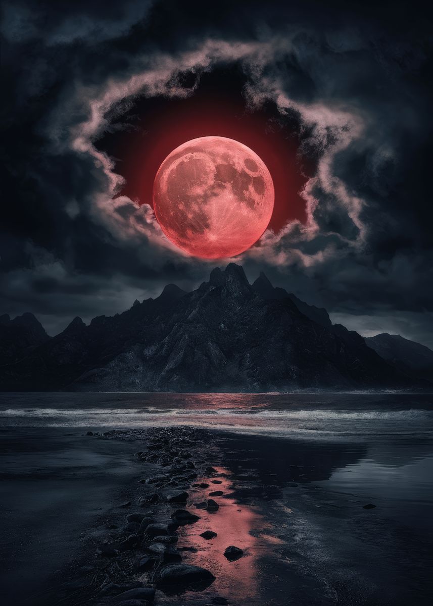 'Blood Moon Over Mountains' Poster, picture, metal print, paint by ...