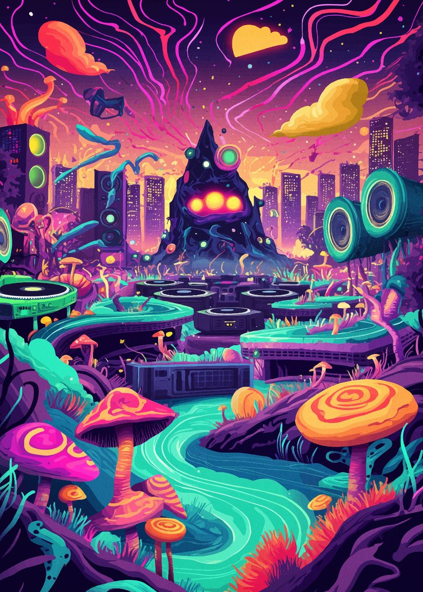 'Psychedelic Cityscape' Poster, picture, metal print, paint by Danny Wheeler | Displate