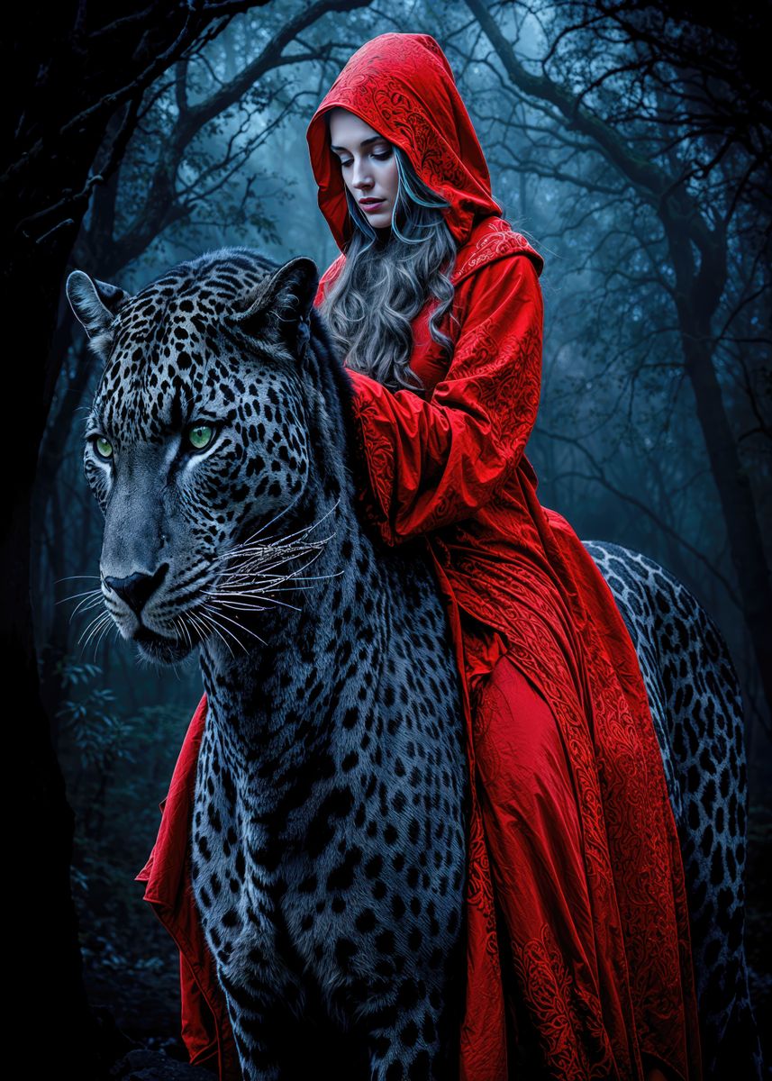 'Red Hooded Lady and Black Leopard' Poster, picture, metal print, paint ...