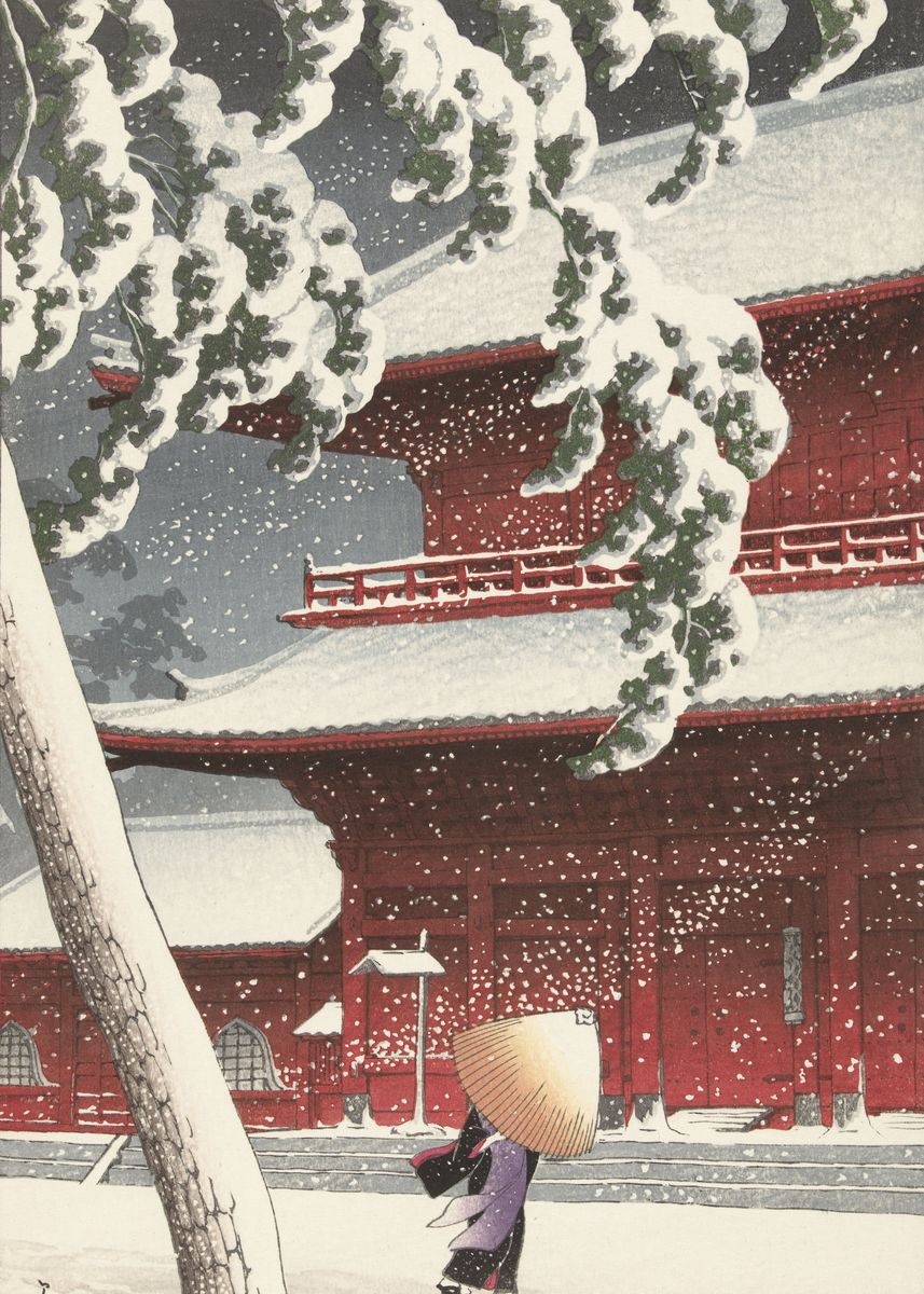 'Snowy Temple Gate' Poster, picture, metal print, paint by Tomi | Displate