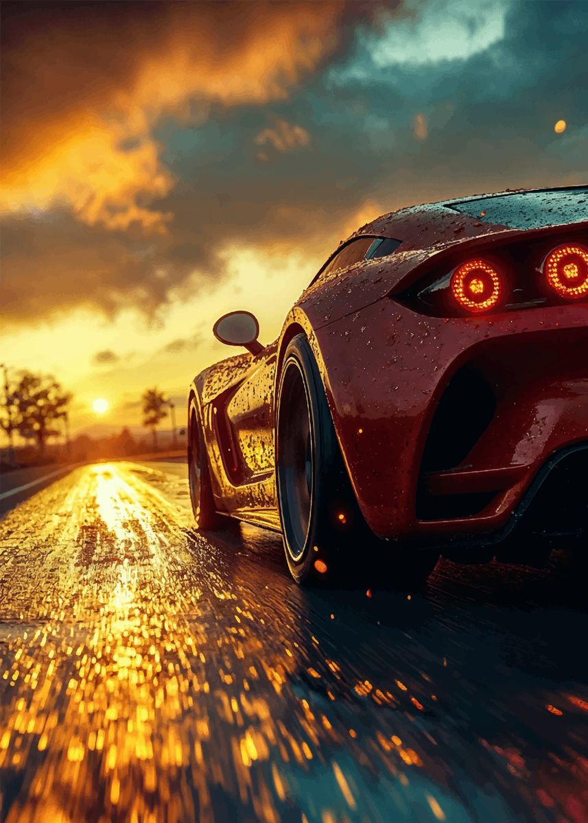 'Red Sports Car Sunset' Poster, picture, metal print, paint by Loves ...