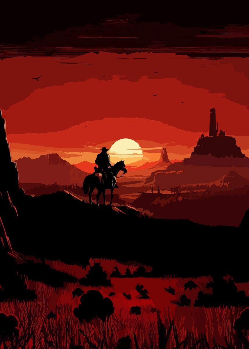 'Sunset Rider Red Dead' Poster, picture, metal print, paint by Buto ...