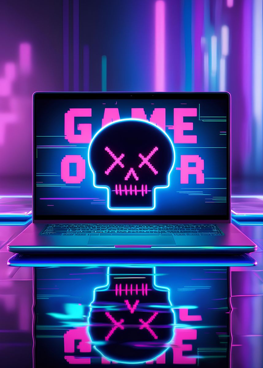 'Game Over Skull Neon' Poster, picture, metal print, paint by nanane ...