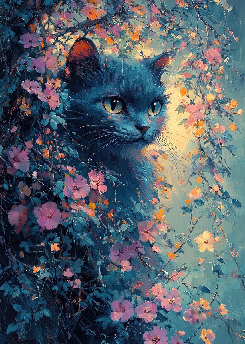 'Blue Cat in Bloom' Poster, picture, metal print, paint by Benjamin ...