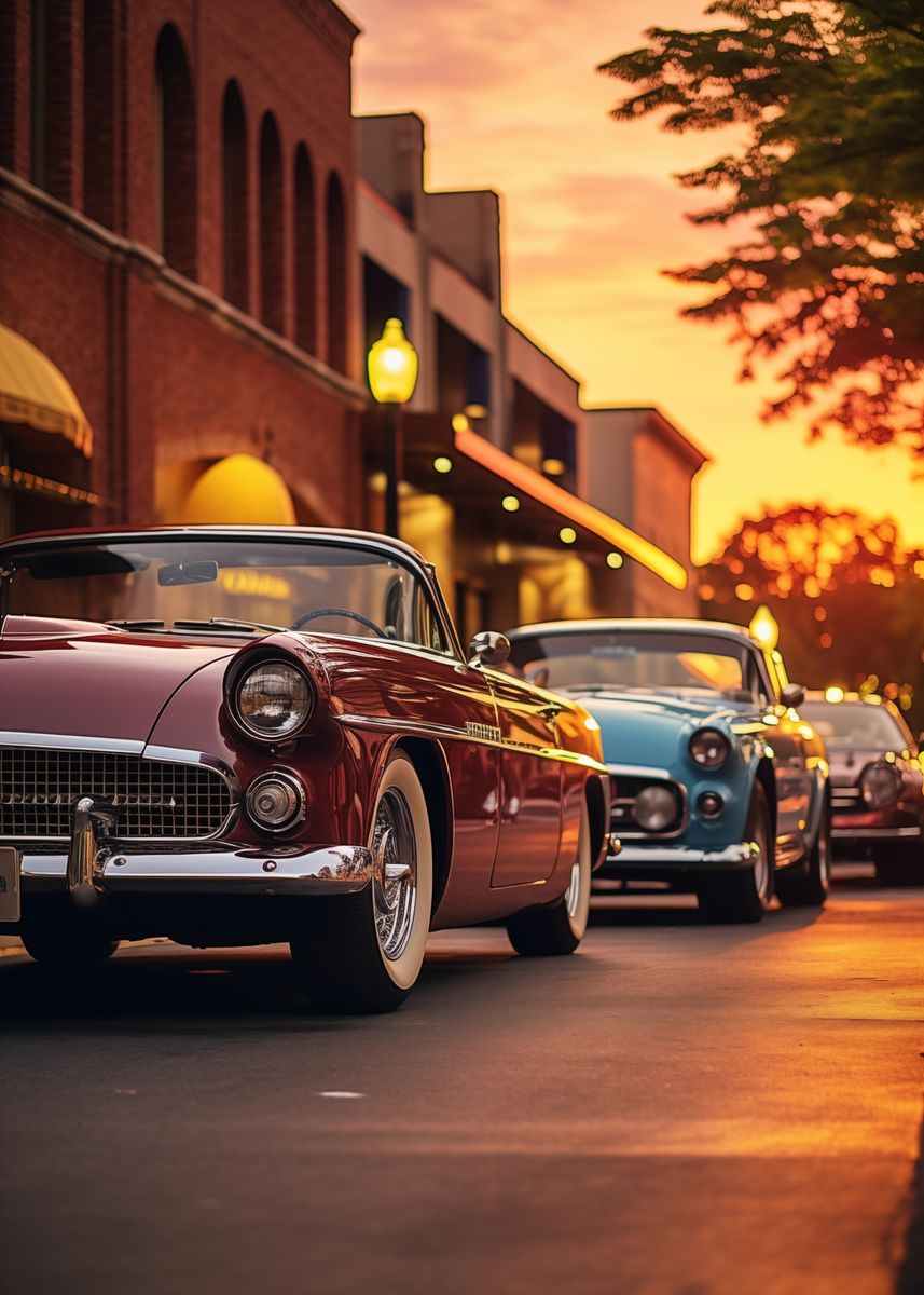 'Classic Cars at Sunset' Poster, picture, metal print, paint by ...