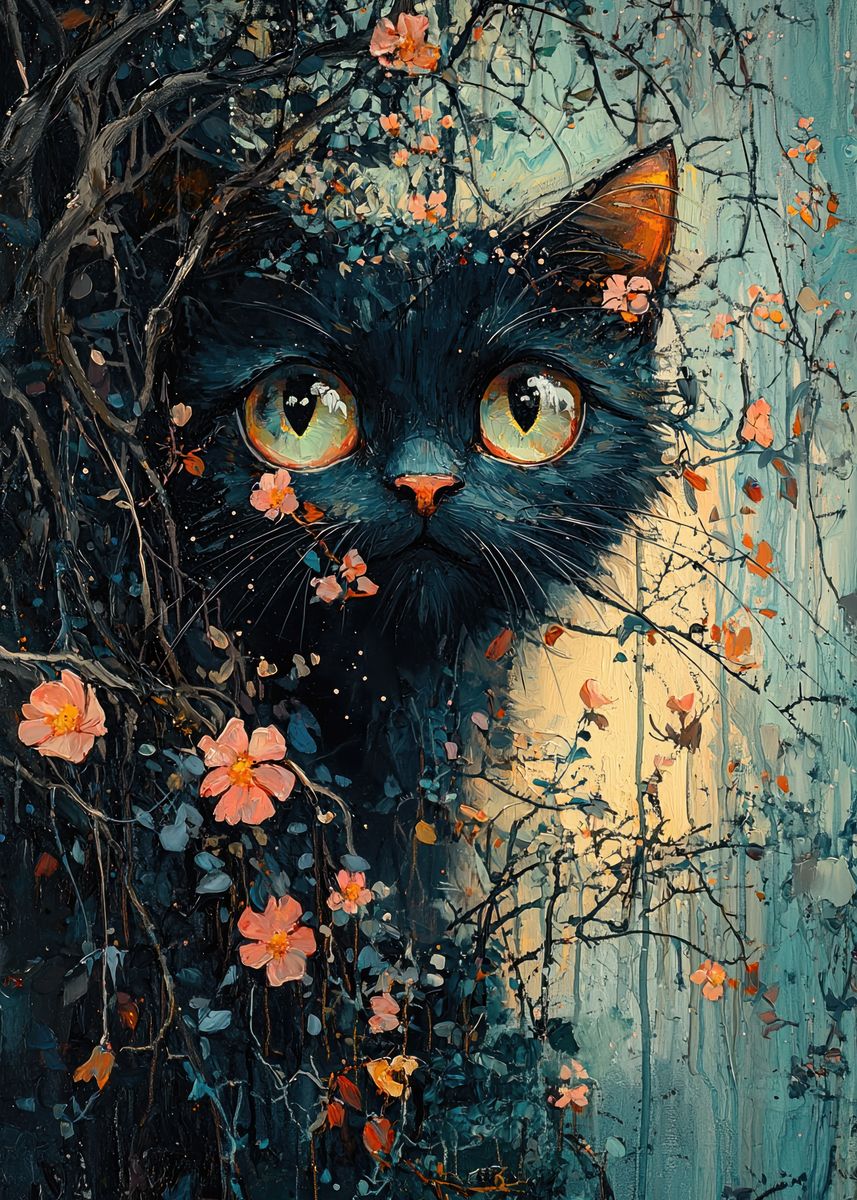 'Black Cat in Bloom' Poster, picture, metal print, paint by Benjamin ...