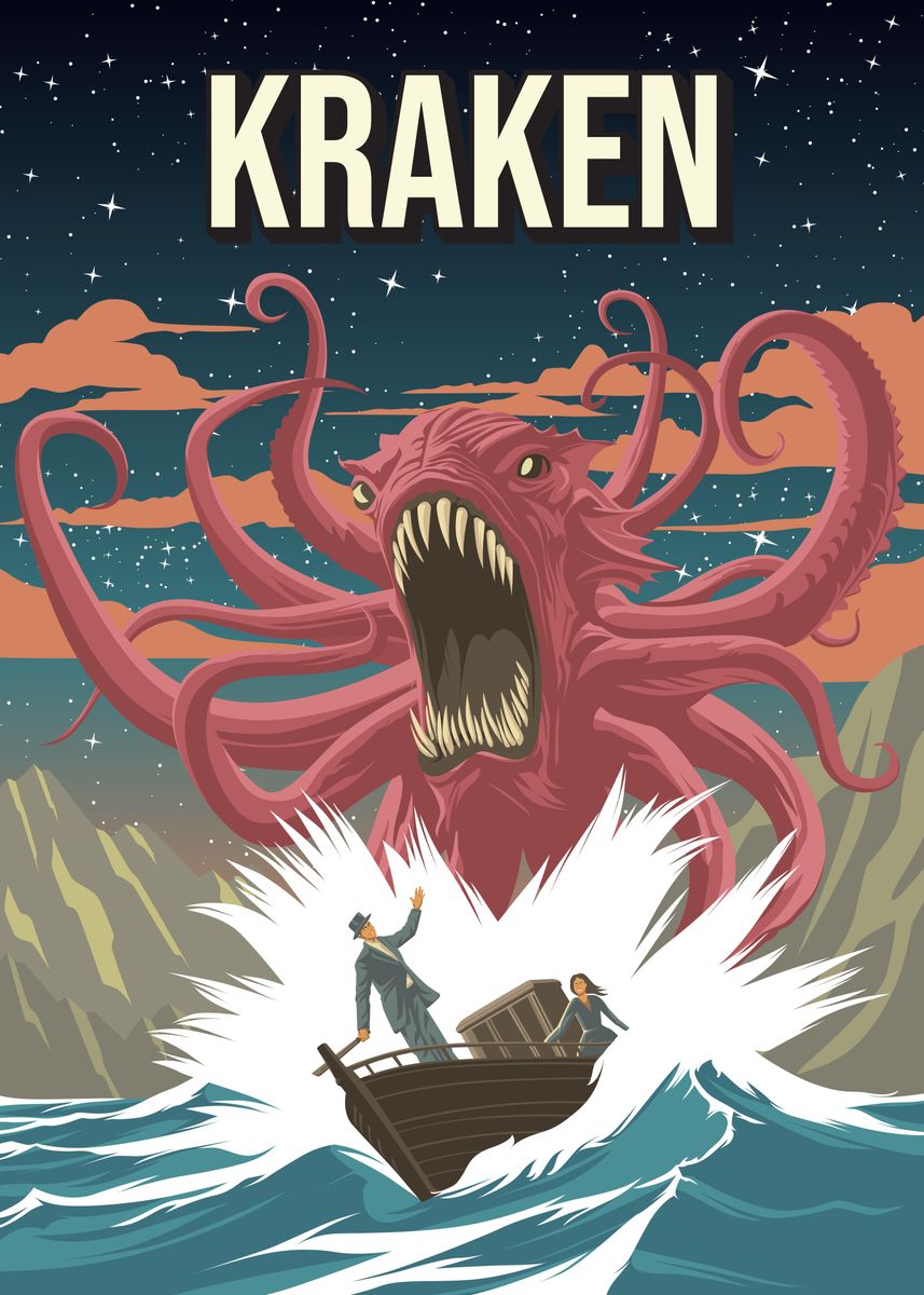 'Kraken Cryptid Folklore Monster Art Print' Poster, picture, metal ...