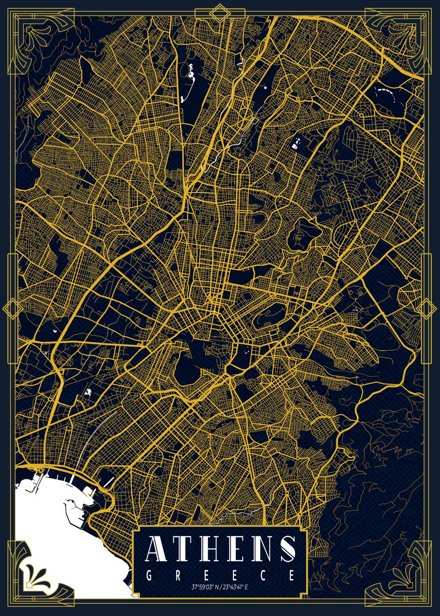 'Athens City Map Greece Gold' Poster, picture, metal print, paint by ...