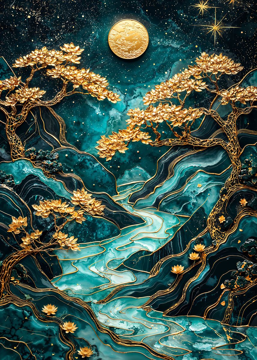 'Golden Sakura Dreams' Poster, picture, metal print, paint by Pixaverse ...