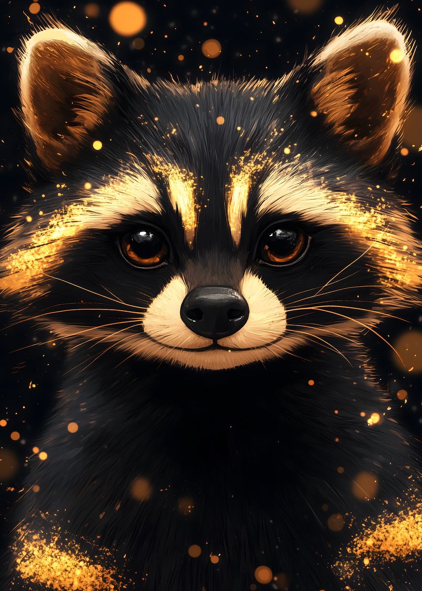 'Golden Raccoon Portrait Animal' Poster, picture, metal print, paint by ...
