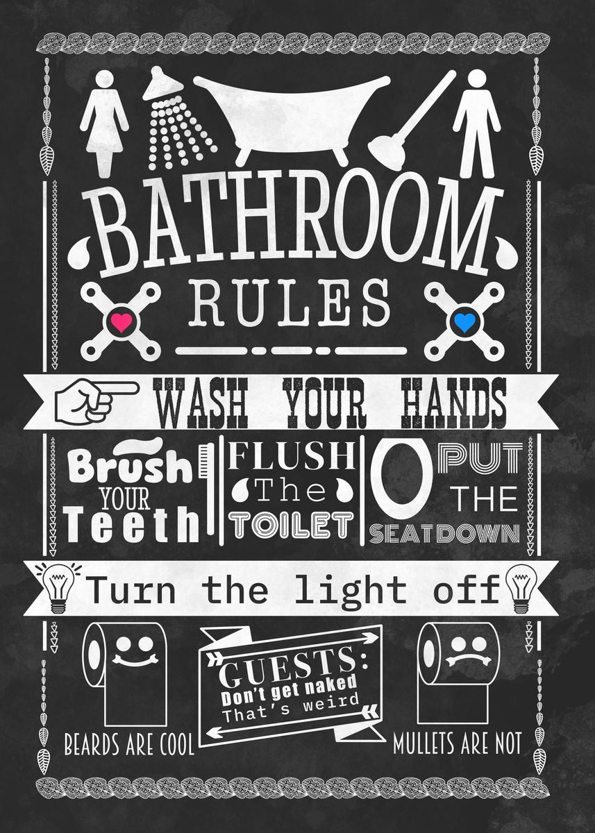 'Bathroom Rules Chalkboard Sign' Poster, picture, metal print, paint by ...