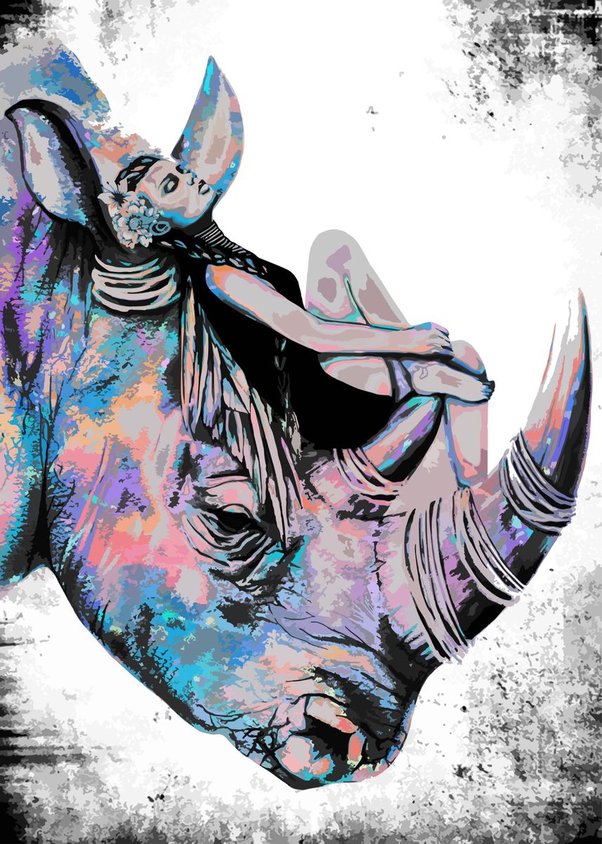 'Woman Riding Rhino' Poster, picture, metal print, paint by Thoky ...
