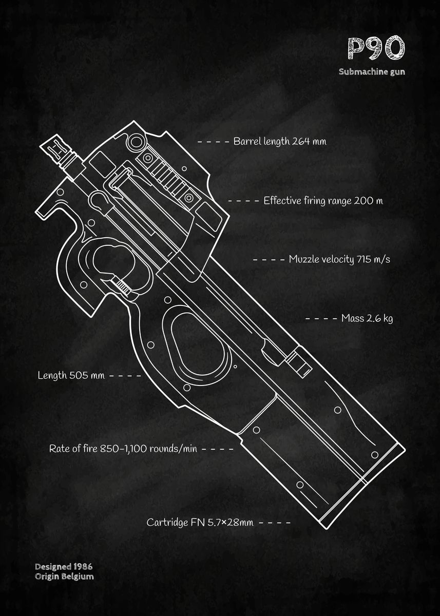 'P90 Submachine Gun blueprint' Poster, picture, metal print, paint by ...