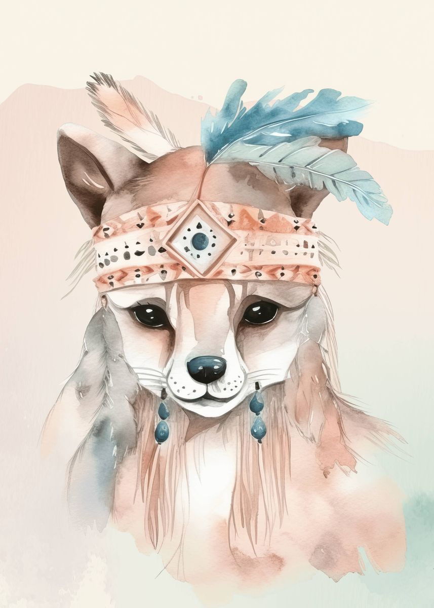 'fox in Native American Headdress' Poster, picture, metal print, paint ...