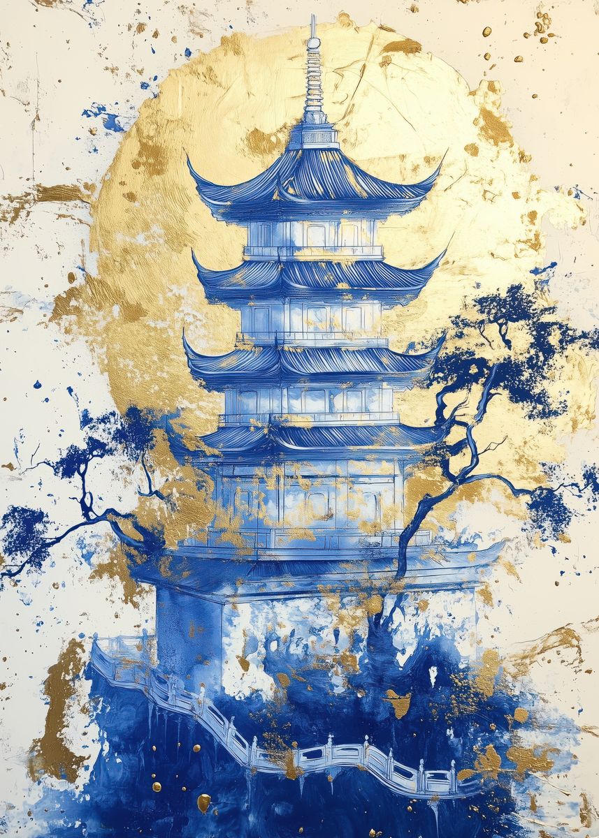 'Blue and Gold Pagoda' Poster, picture, metal print, paint by | Displate