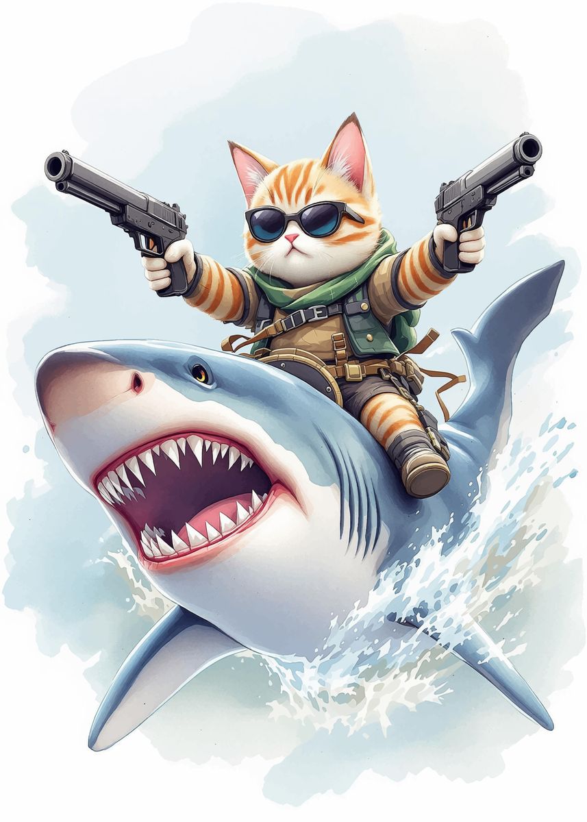'Cat with Guns Riding Shark ' Poster, picture, metal print, paint by ...